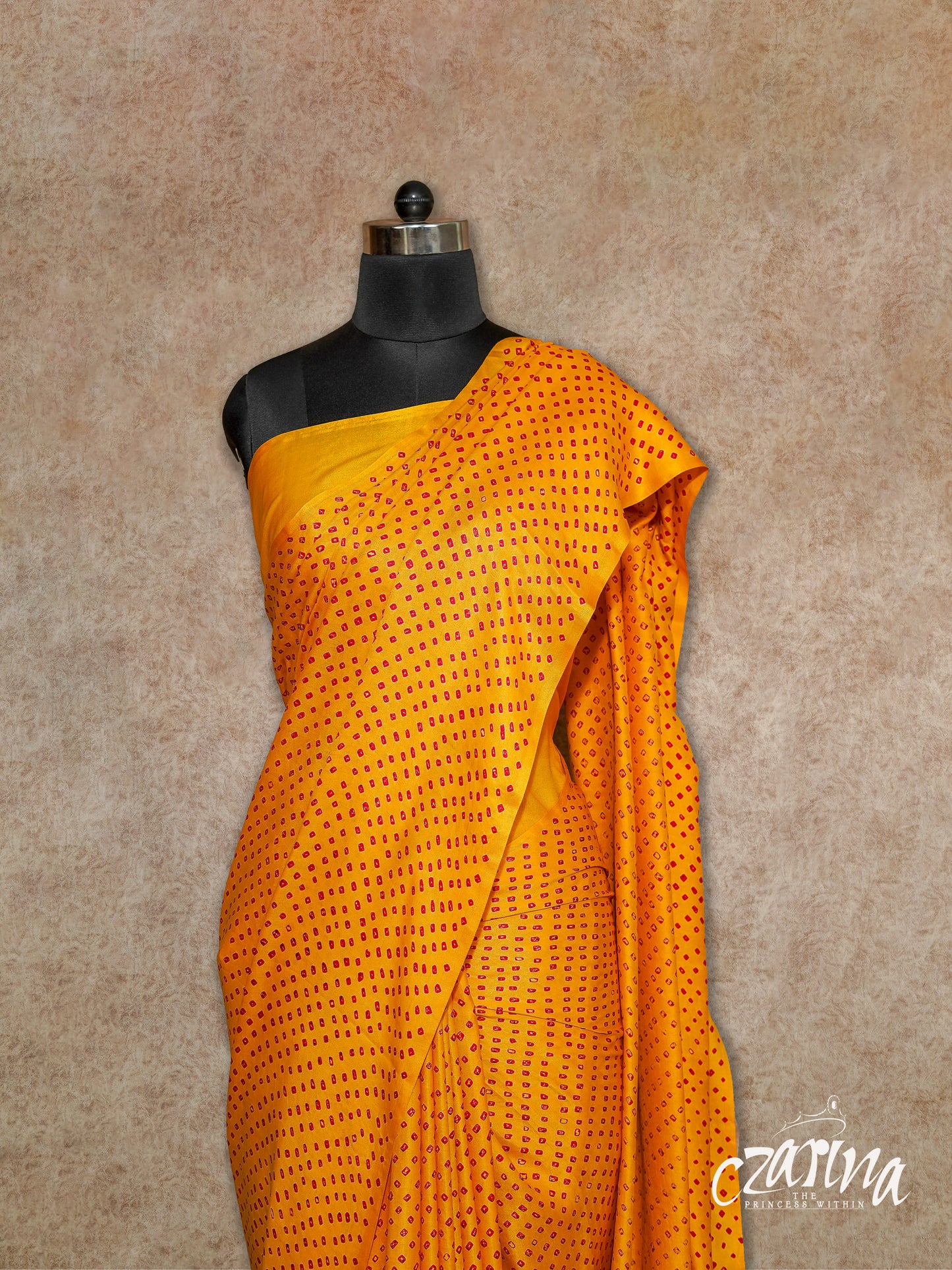 MUSTARD YELLOW WITH RED BANDINI DESIGNS CREPE SILK SAREE – Czarina ...