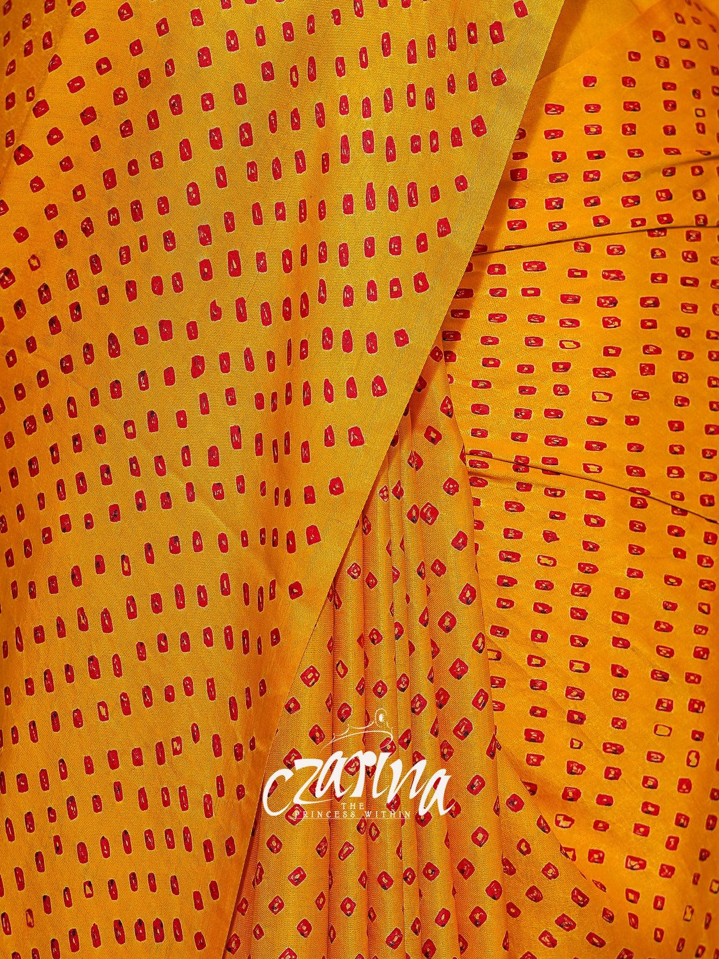 MUSTARD YELLOW WITH RED BANDINI DESIGNS CREPE SILK SAREE – Czarina ...