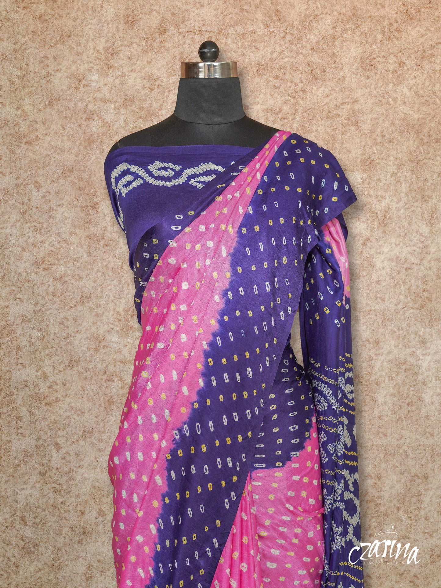 PINK AND DARK BLUE WITH BANDHINI DESIGNS GAJJI SILK SAREE – Czarina ...