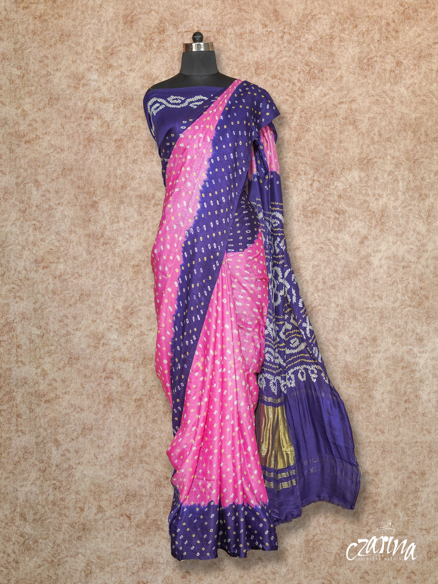 PINK AND DARK BLUE WITH BANDHINI DESIGNS GAJJI SILK SAREE – Czarina ...