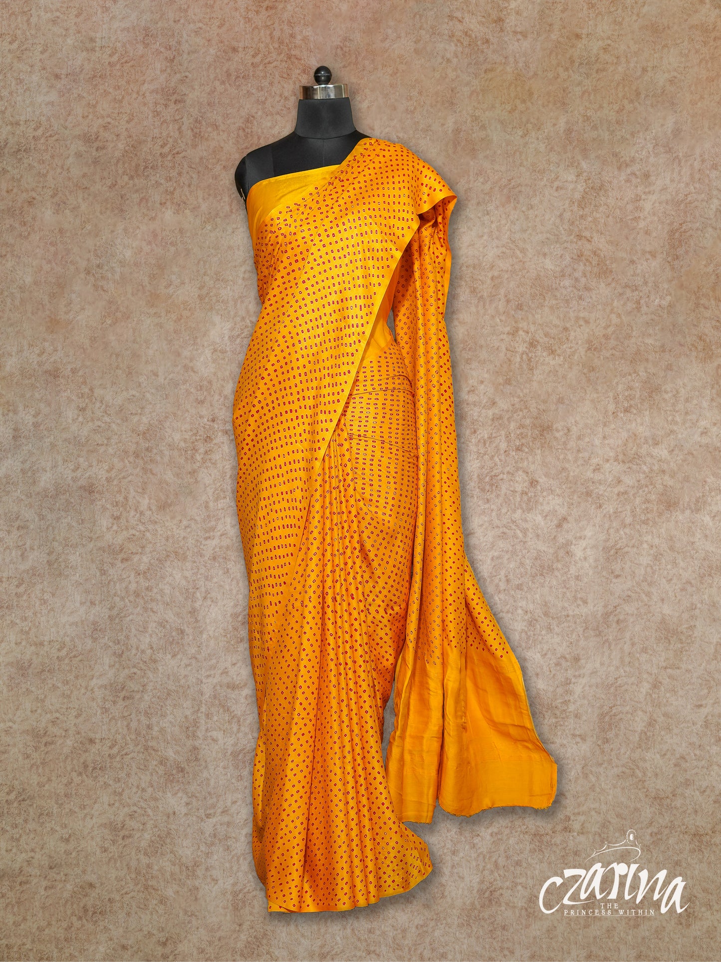 MUSTARD YELLOW WITH RED BANDINI DESIGNS CREPE SILK SAREE – Czarina ...